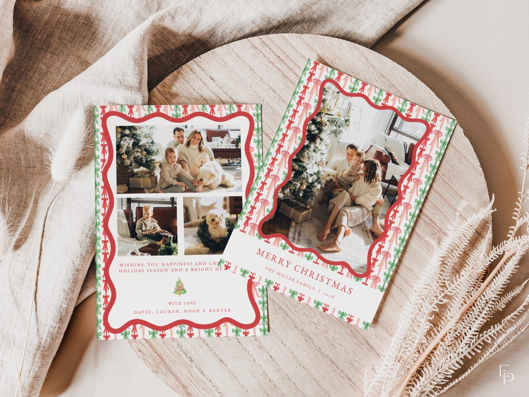 Coquette Christmas Bow Photo Holiday Card Template for Two-sided ...