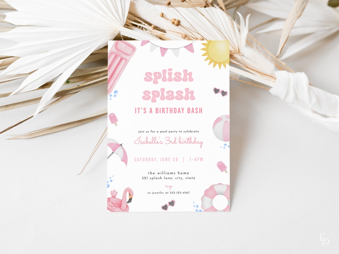 Pink Pool Party Birthday Invitation Template for Girl Summer Splish ...