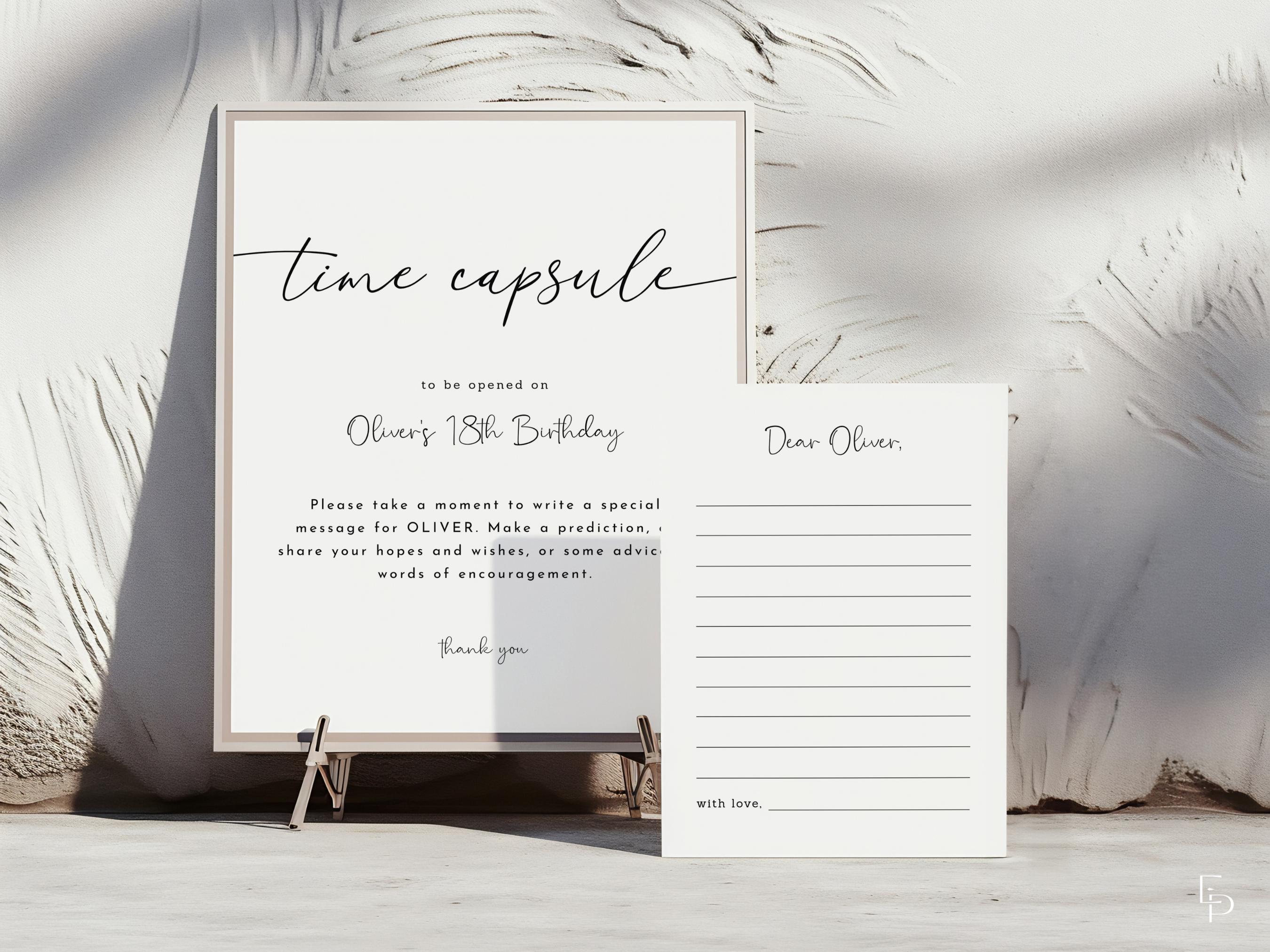 Minimalist Birthday Time Capsule Sign and Card Template for Modern 1st ...