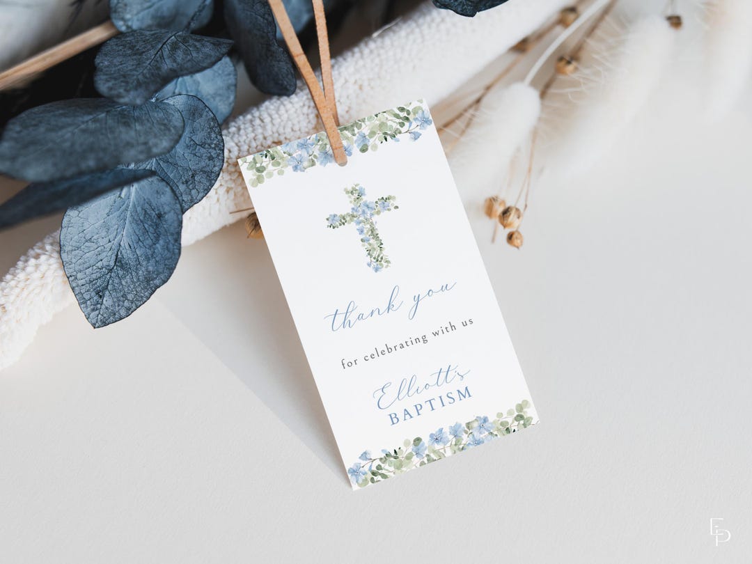 Blue Floral Cross Baptism Favor Tag Template for Printable Boy ...