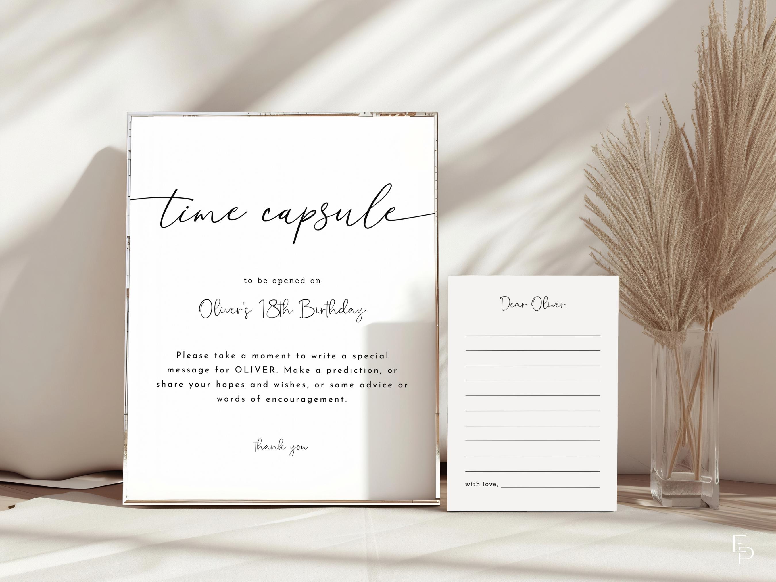 Minimalist Birthday Time Capsule Sign and Card Template for Modern 1st ...
