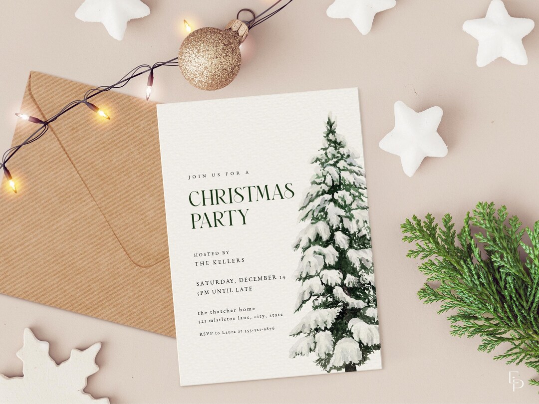 Christmas Party Invitation Template for Editable Snowy Christmas Tree ...