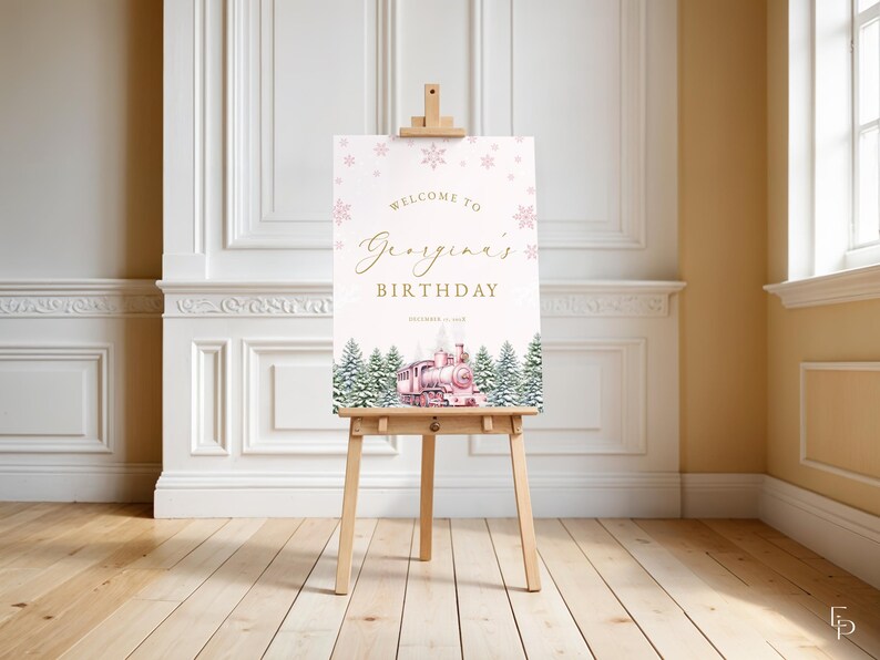 Pink Polar Express Birthday Welcome Sign Template Girl Winter Christmas ...