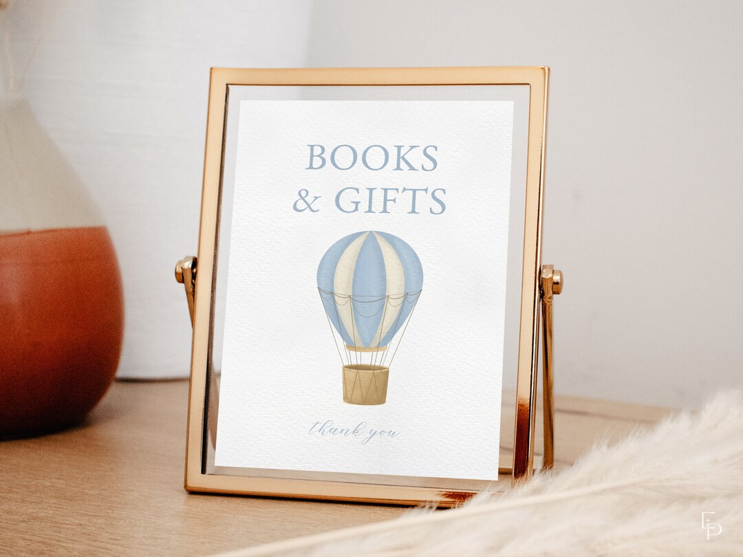 Blue Hot Air Balloon Books and Gifts Sign Baby Shower Custom Sign ...