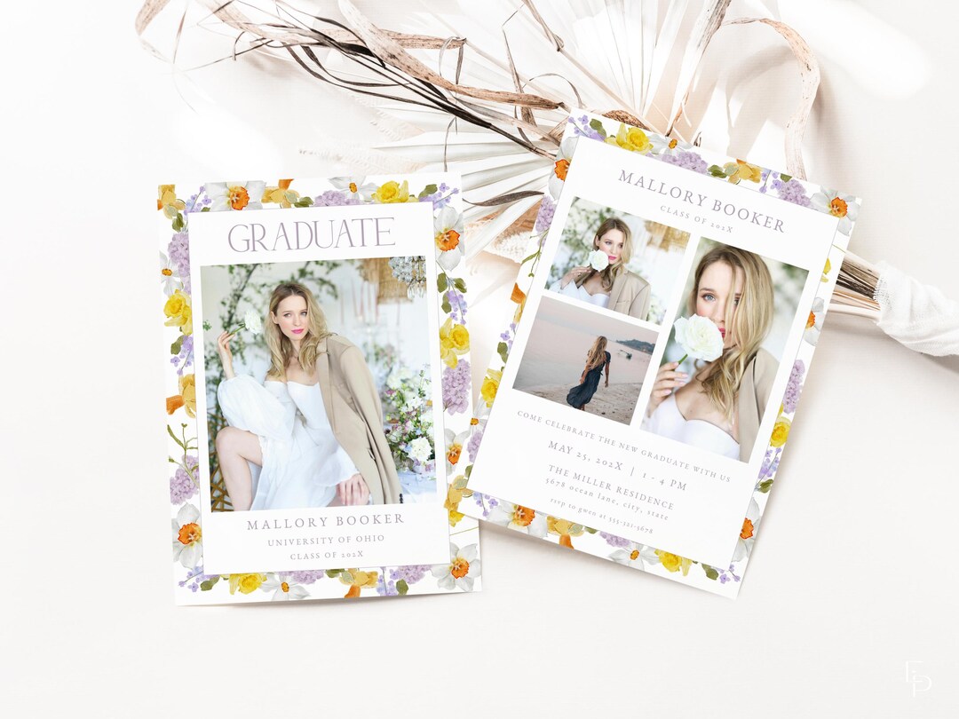 Spring Floral Graduation Announcement Card Template for Yellow & Lilac ...