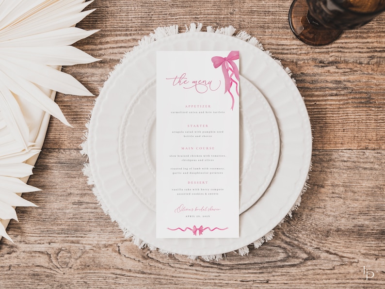 Pink Bow Bridal Shower Menu Template for Girly Bridal Shower 4x9 Menu ...