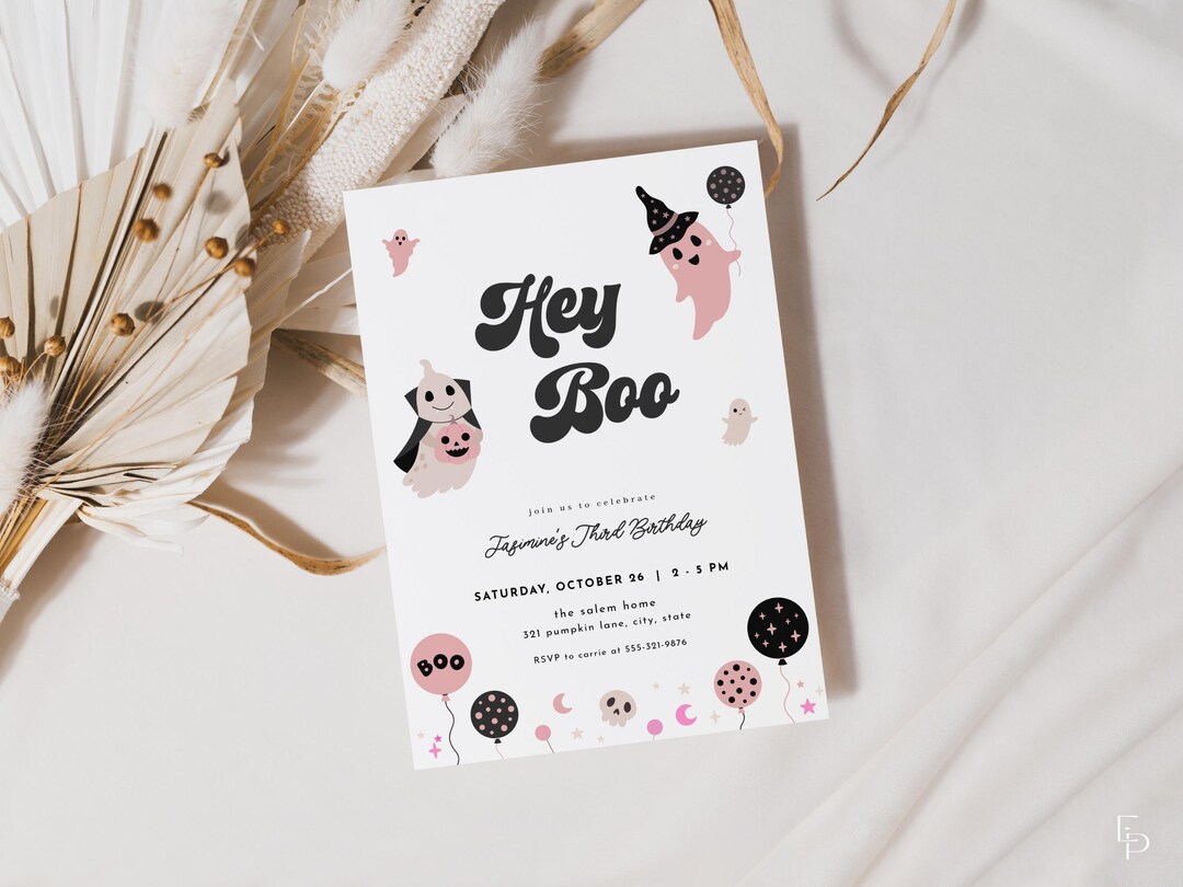 Pink Halloween Birthday Party Invitation Template for Hey Boo Girl ...