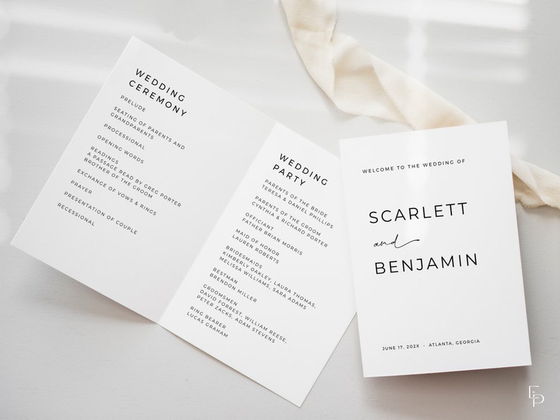 Modern Minimalist Wedding Program Template for a Foldable 5x7 Wedding ...