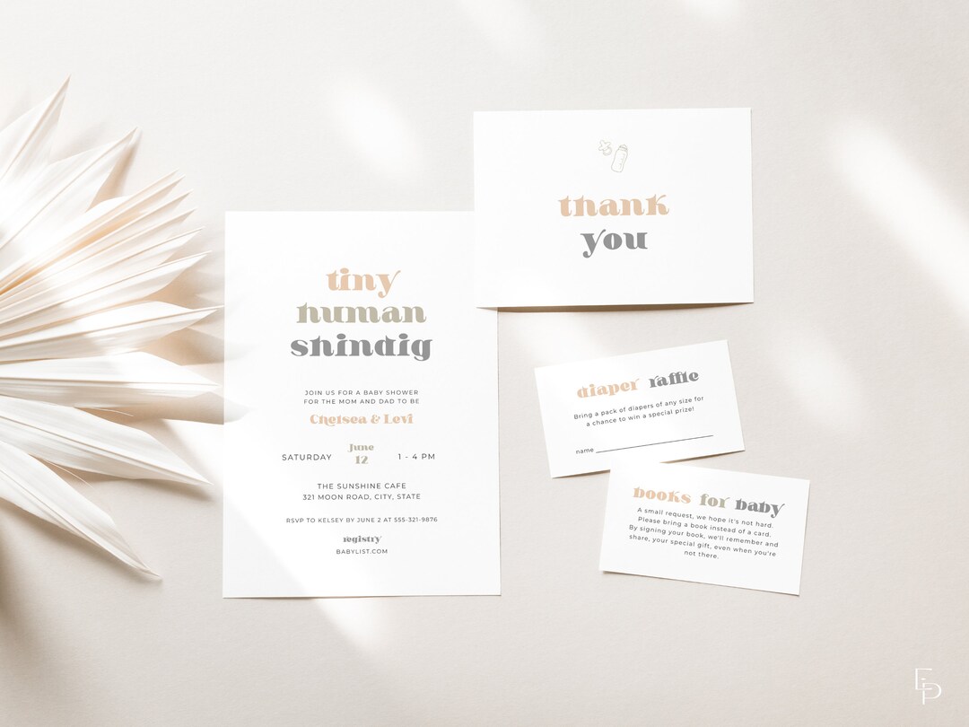 Tiny Human Shindig Baby Shower Invitation Bundle Template for Modern ...