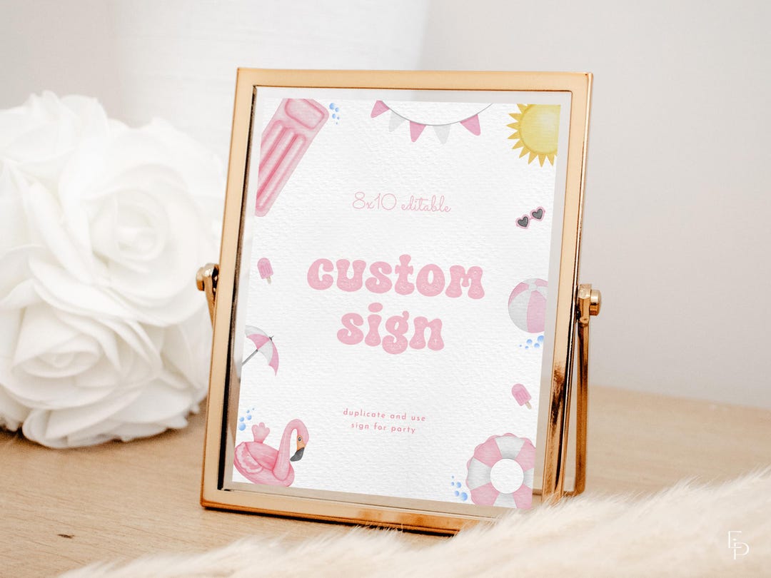 Pink Pool Party Birthday Custom Sign Template for Girl Summer Splish ...