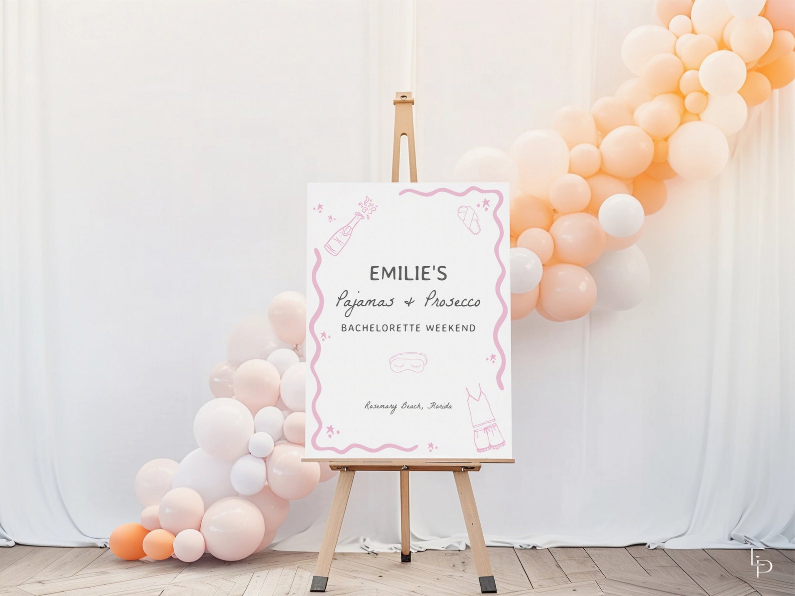 Hand Drawn Pjs and Prosecco Bachelorette Welcome Sign Template for Pink ...