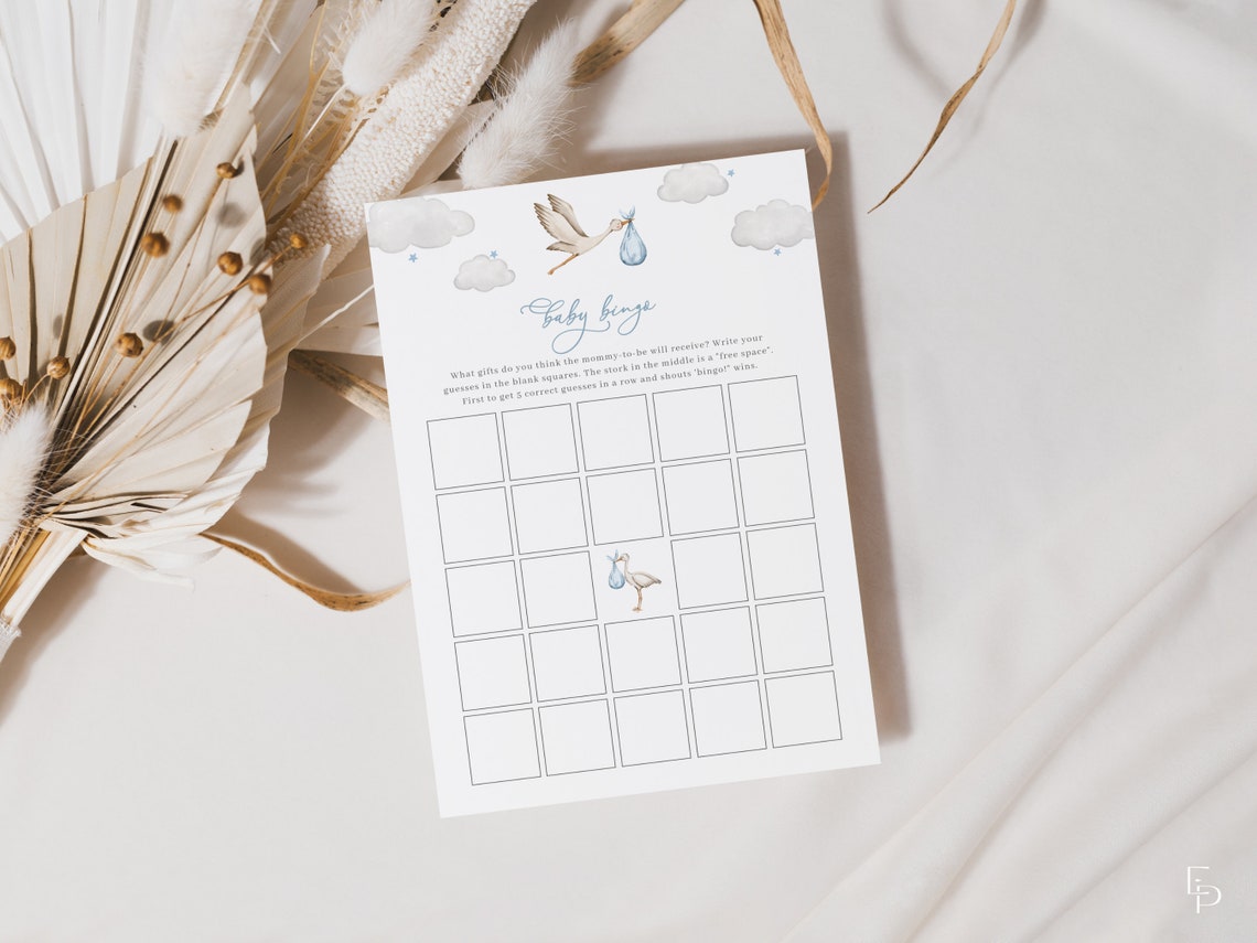 Blue Stork Baby Shower Bingo Game Template for Baby Boy Stork Special ...