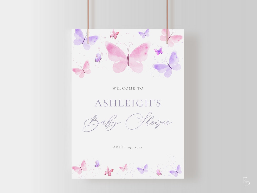 Girl Butterfly Baby Shower Welcome Sign Template | APONI Collection - Etsy