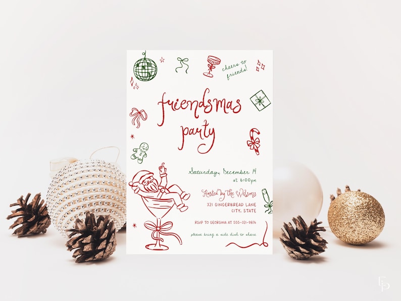 Friendsmas Party Invitation Template Red Hand Drawn Whimsical Friend ...