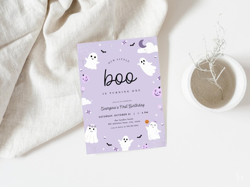 Purple Little Boo is Turning One First Birthday Party Invitation ...