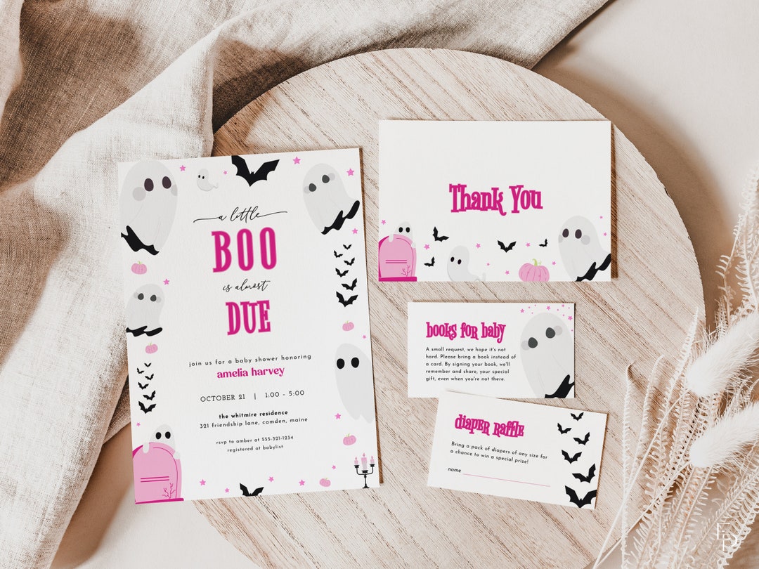 Pink A Little Boo Ghost Baby Shower Invitation Bundle Template for Girl ...