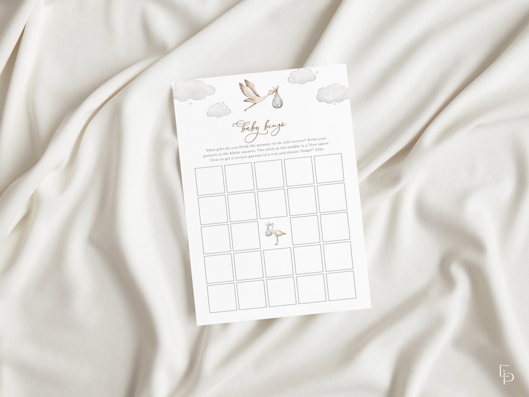 Gender Neutral Stork Baby Shower Bingo Game Template for Baby Stork ...