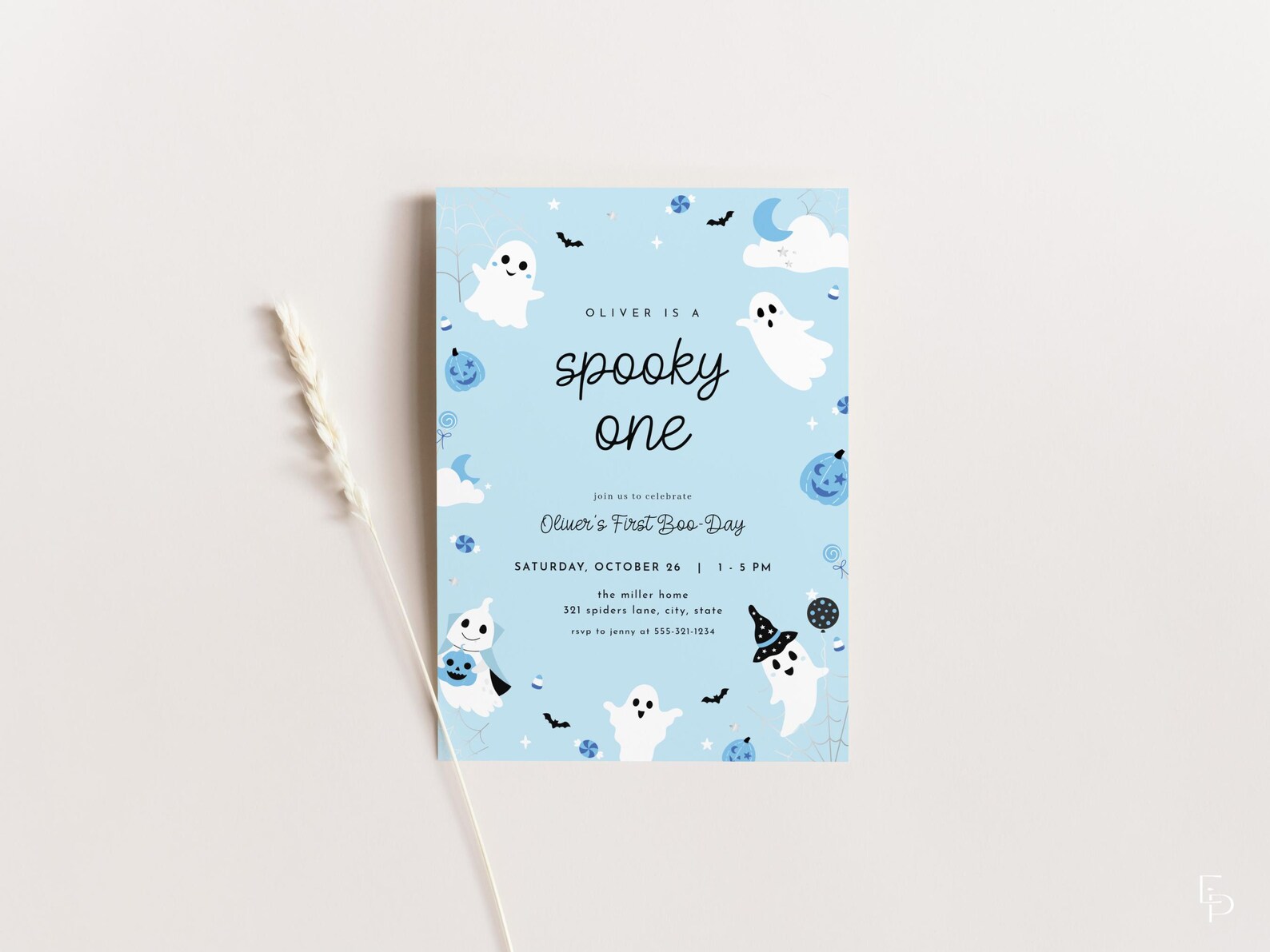 Blue Spooky One First Birthday Party Invitation Template for Boy ...
