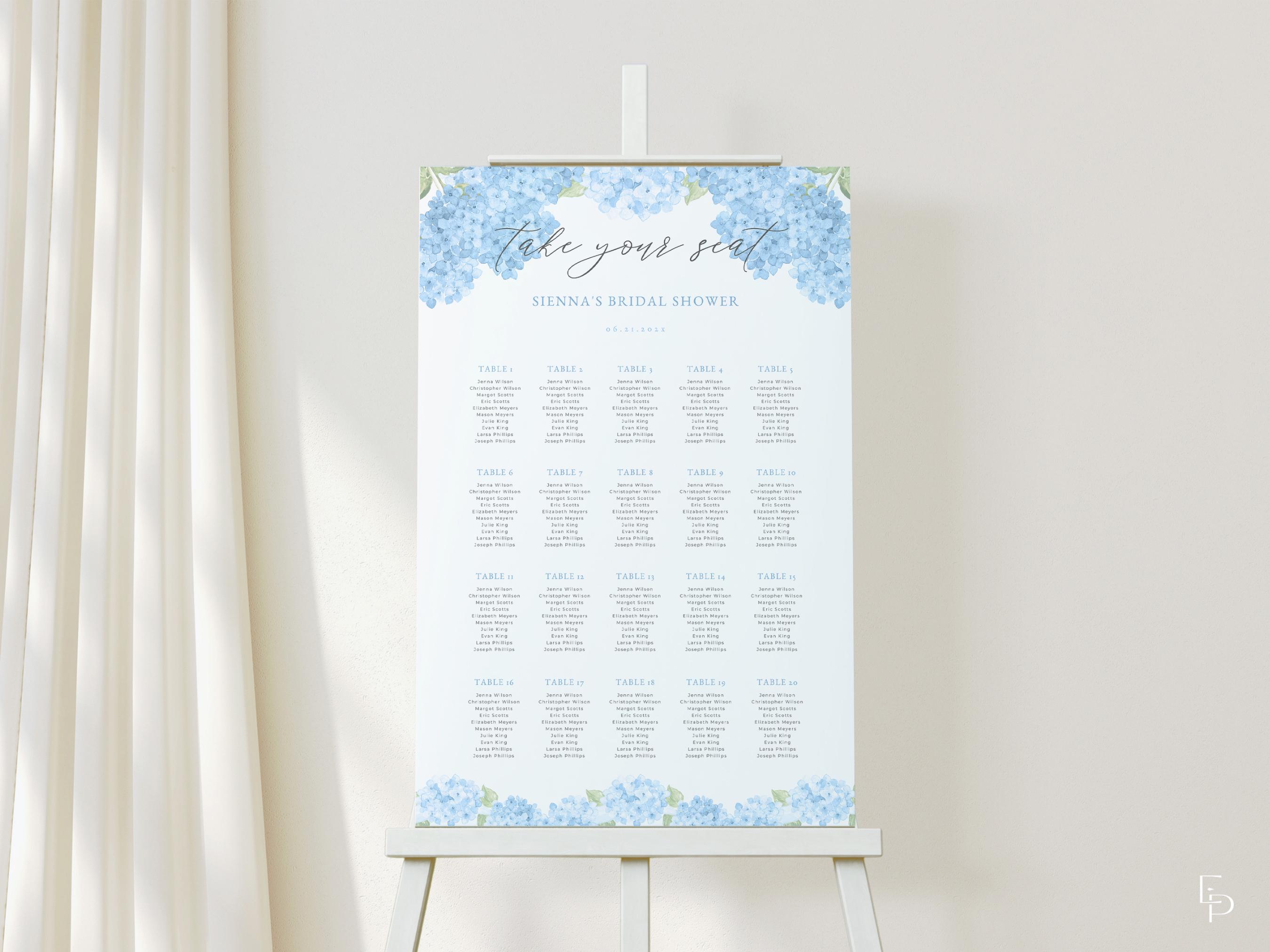Blue Hydrangea Bridal Shower Seating Chart Sign Template for Blue ...