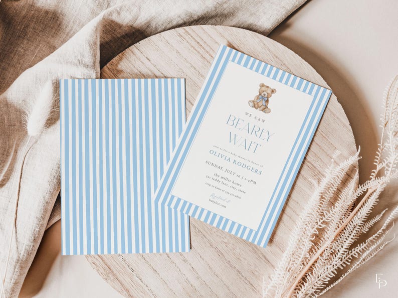 Teddy Bear Baby Shower Invitation Template Editable Preppy Blue Stripes ...