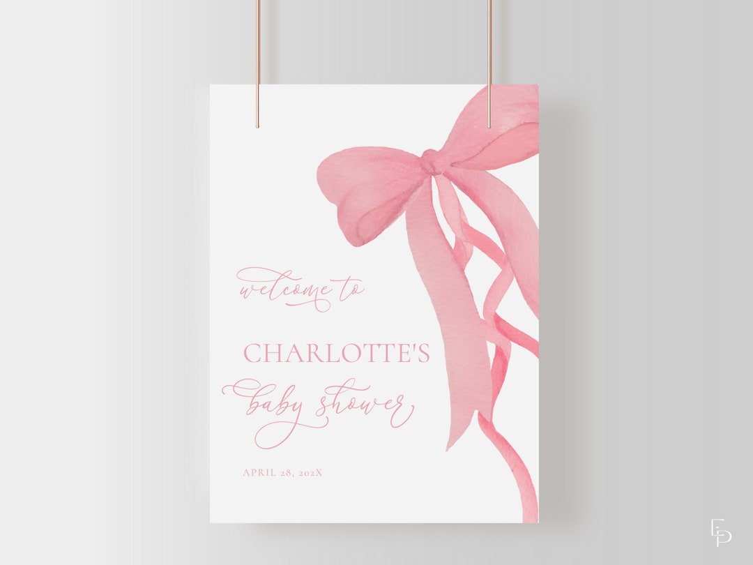 Pastel Pink Bow Baby Shower Welcome Sign Template for Pink Ribbon Girl ...