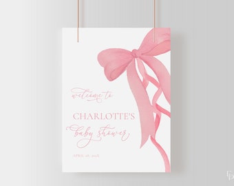 Editable Pink Bow Baby Shower Welcome Sign Template, Editable Blush ...