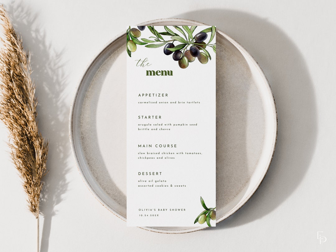 Modern Olive Baby Shower Menu Template | OLEA Collection - Etsy