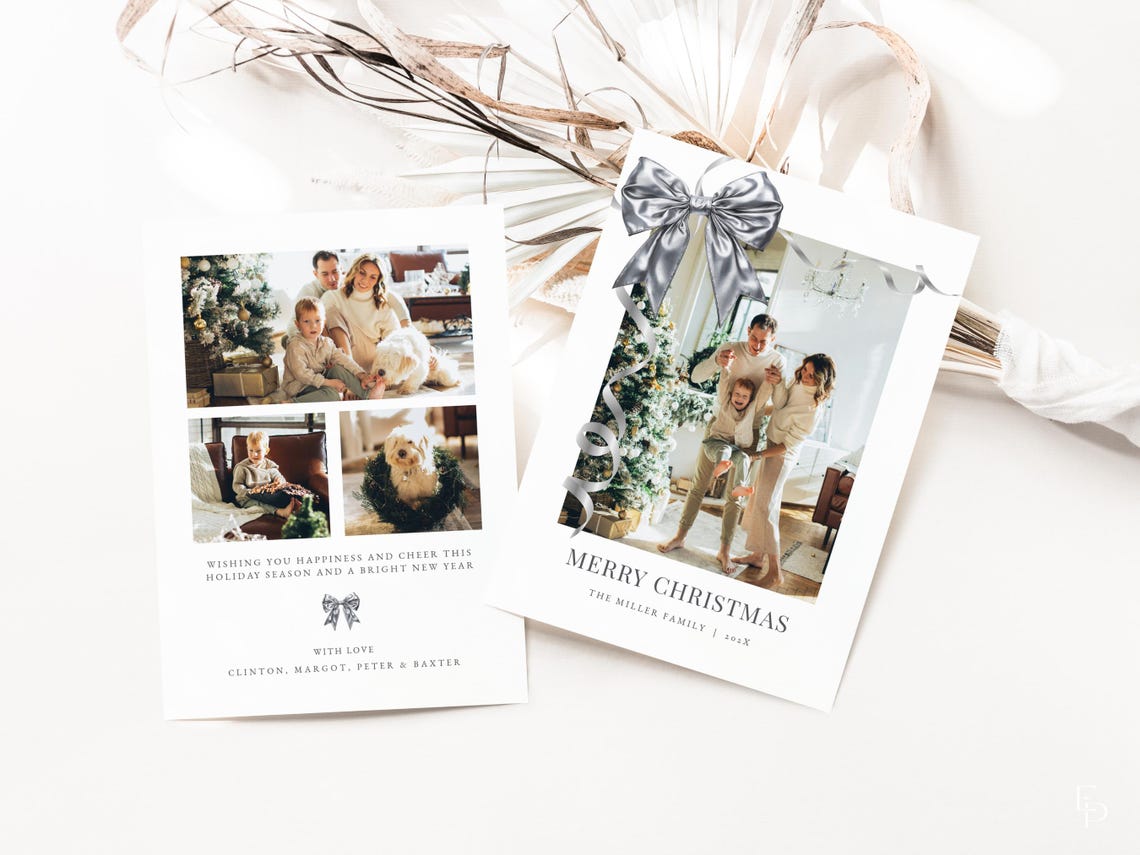 Silver Coquette Bow Photo Christmas Card Template for Two-sided Silver ...