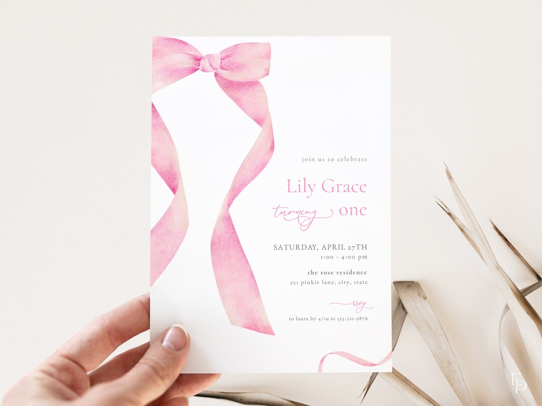 Pink Bow Birthday Party Invitation Template for Coquette Pink Ribbon ...