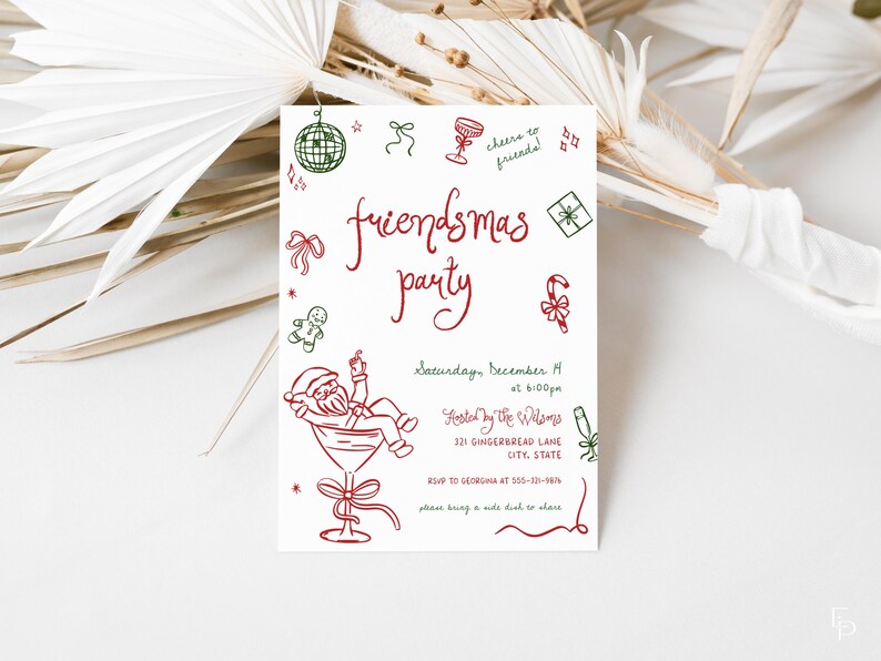 Friendsmas Party Invitation Template Red Hand Drawn Whimsical Friend ...