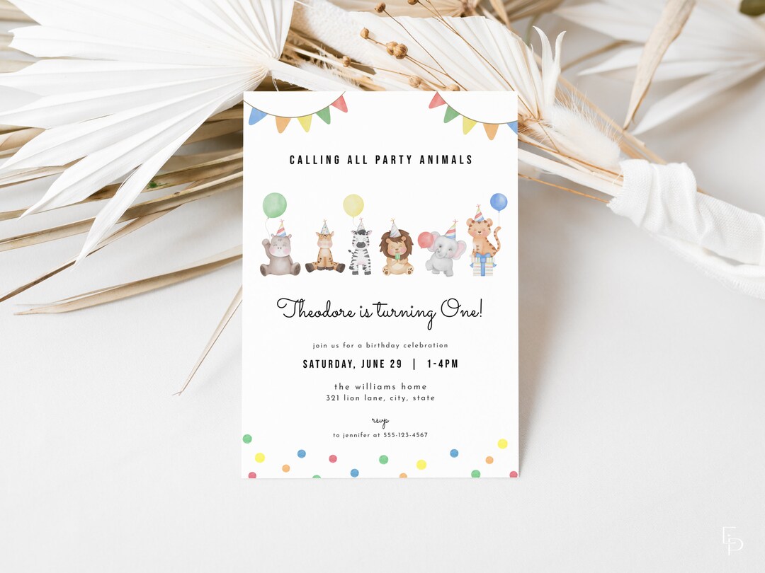 Party Animals Birthday Invitation Template for Colorful Calling All ...
