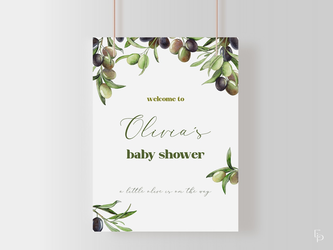 Modern Olive Baby Shower Welcome Sign Template With Olive Branches ...