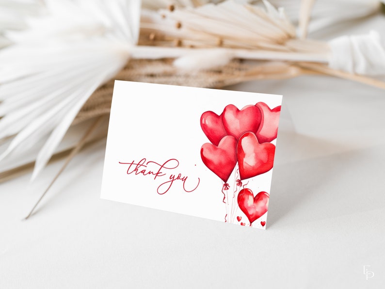 Valentine Thank You Card Template for Red Balloon Hearts Bridal Shower ...