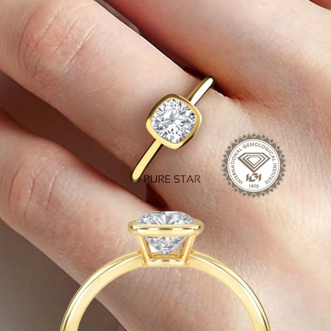 Bezel Cushion Cut Diamond Ring 0.50-2 Ct, Elongated Cushion Engagement ...
