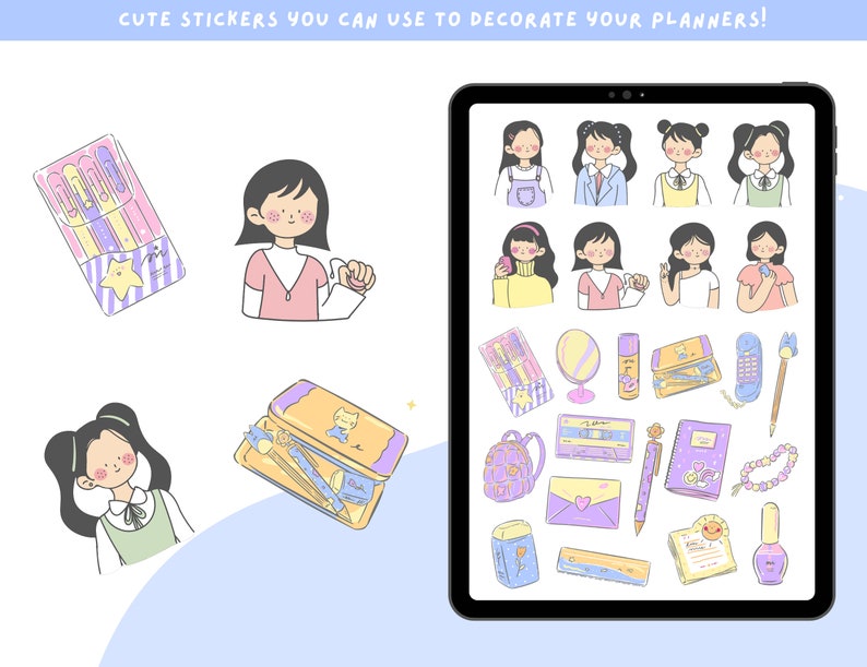 School Girls Digital Stickers, Cute Planner Sticker, Everyday Stickers ...