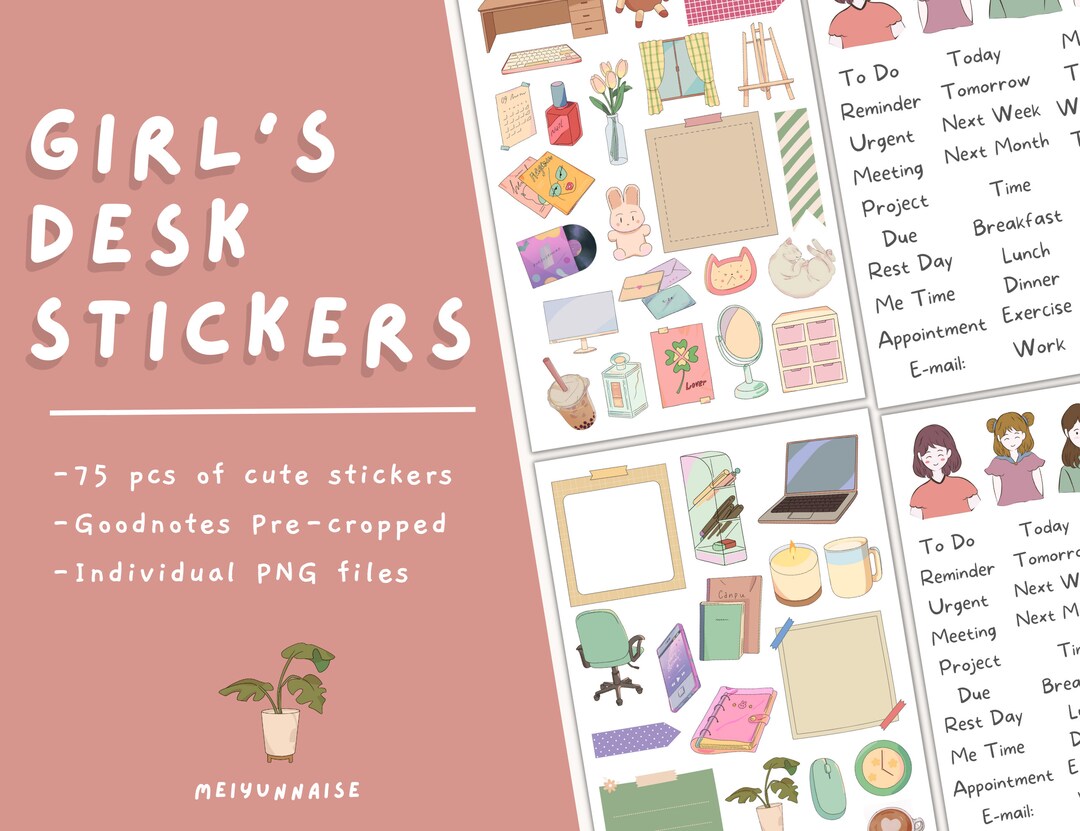 Cute Student Sticker: Girl's Desk, Cute Digital Stickers for Goodnotes ...