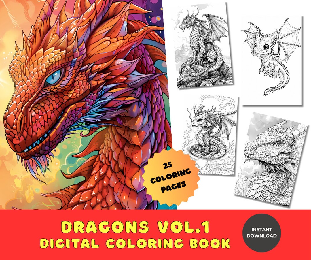 25 Fantasy Dragons VOL.1 Coloring Book Printable Download Adults ...