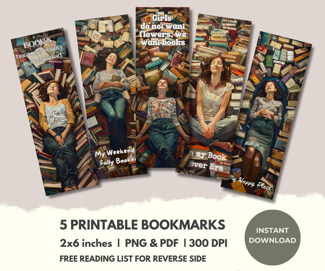 Bookish Literary Bookmarks Instant Download, Set of 5 Beautiful ...