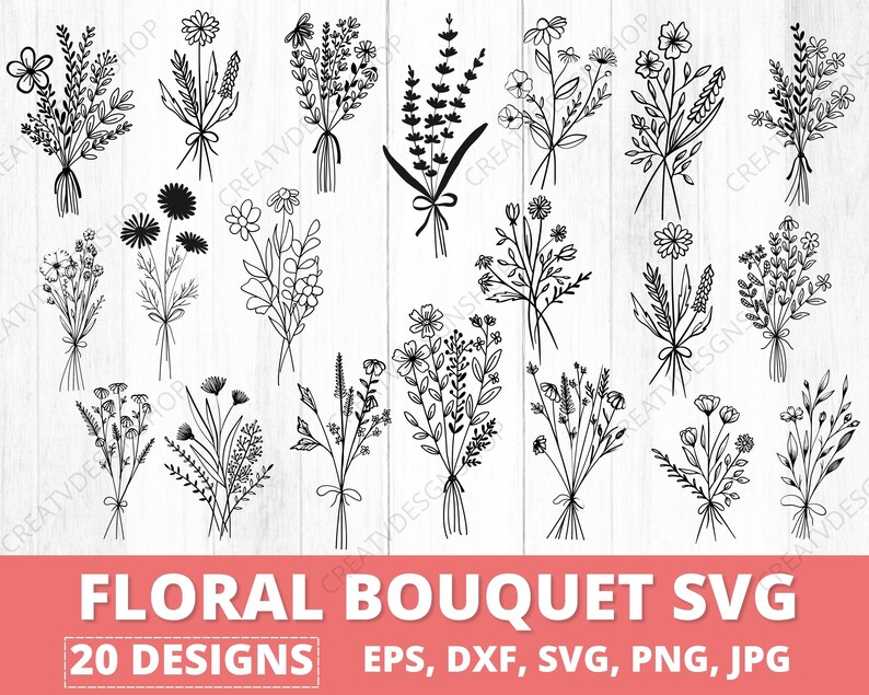 Ramo svg paquete / flores svg png dibujado a mano / floral svg - Etsy México