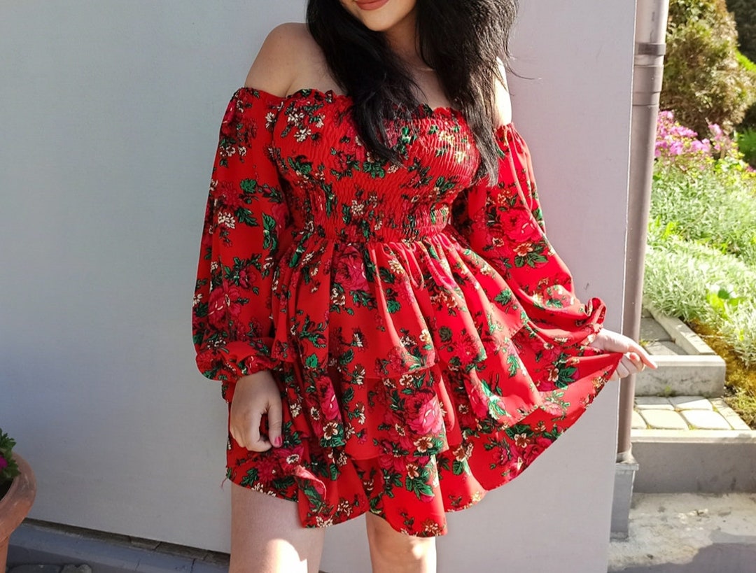 Red Evening Dress for Woman, Spanish Dress With Flowers, Ruffled Dress ...