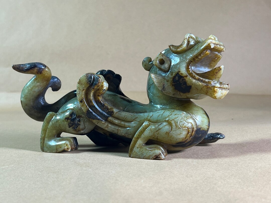 Antique Yellow Jade Mythical Animal Statue Collectible Chinese ...