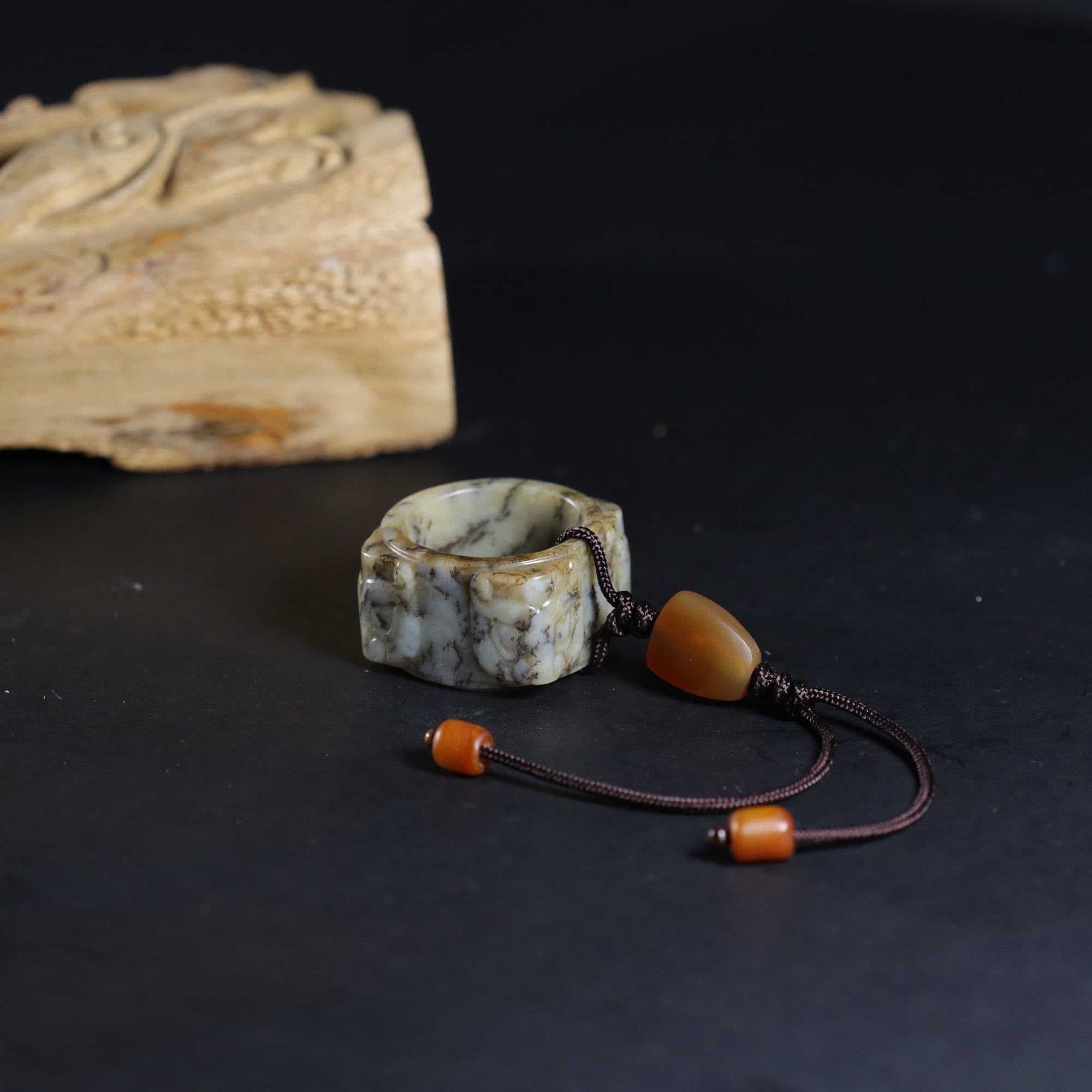 Antique Jade Ring Trinket, Taotie Pattern Jade Cong Figurine, Blue and ...