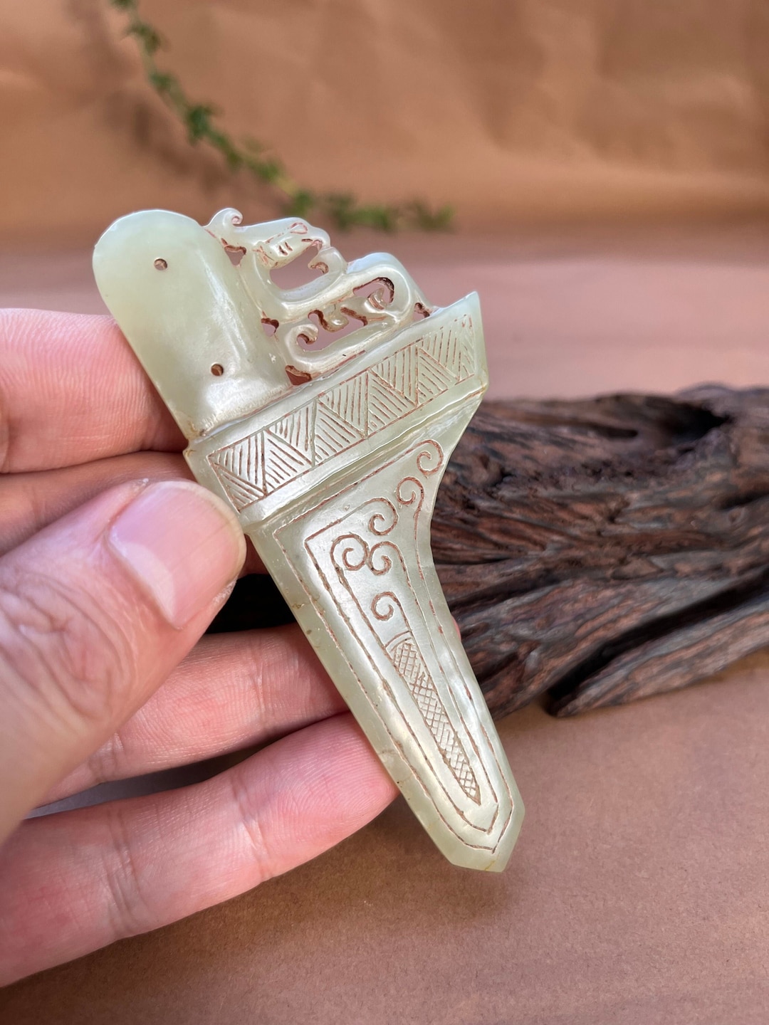 Chinese Yellow Jade Dagger Carved Dragon and Phoenix Pattern ...