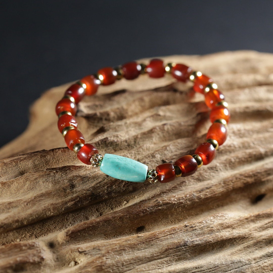 Stretchy Red Agate Bracelet, Old Raw Gemstone Bracelet, Antique Agate ...