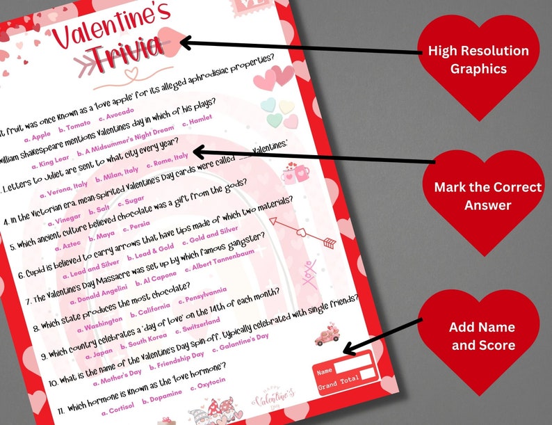 Valentine's Day Trivia Game, Valentine's Party Game, Printable ...