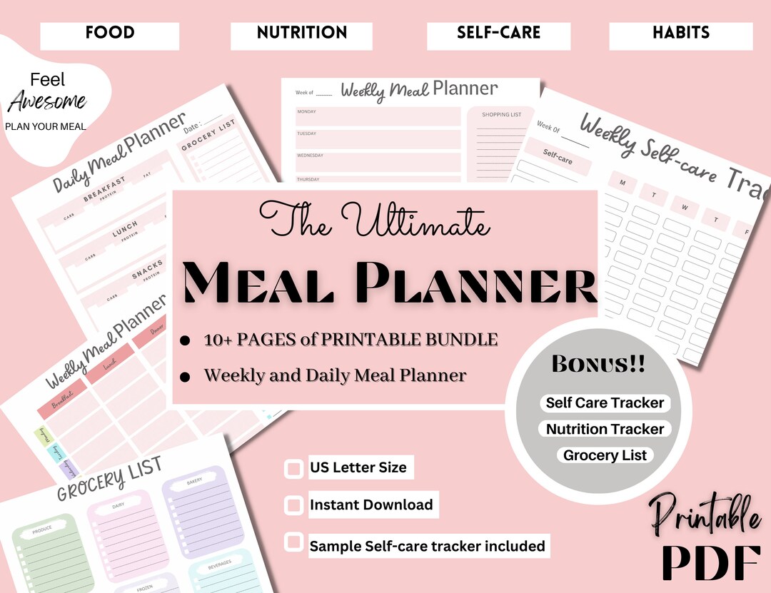 PRINTABLE Meal Planner, Grocery List, Nutrition Tracker, Self Care ...