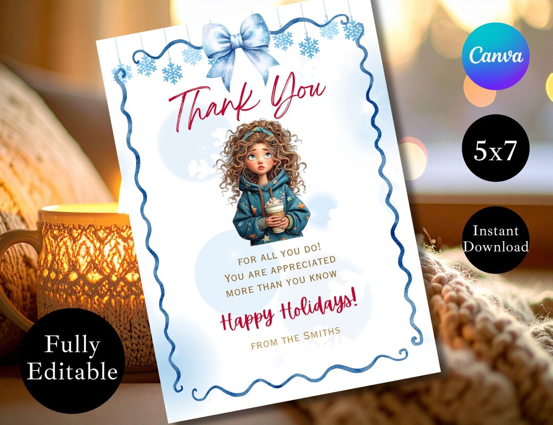 Editable Holiday Teacher Thank You Card | Whimsical Girl Christmas Card ...