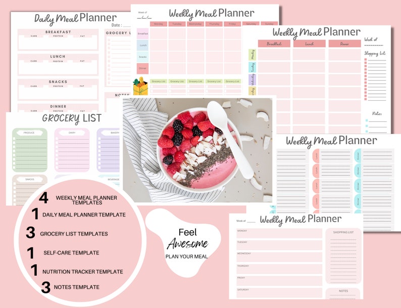 PRINTABLE Meal Planner, Grocery List, Nutrition Tracker, Self Care ...