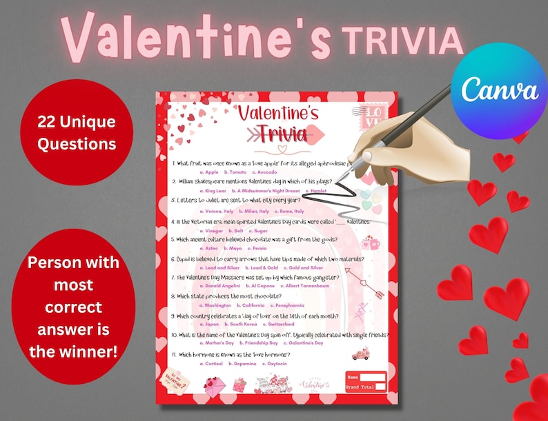 Valentine's Day Trivia Game, Valentine's Party Game, Printable ...