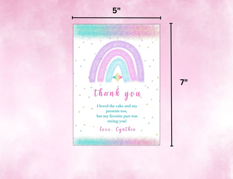 Rainbow Birthday Thank You Card, Printable and Editable in Canva, Girl ...